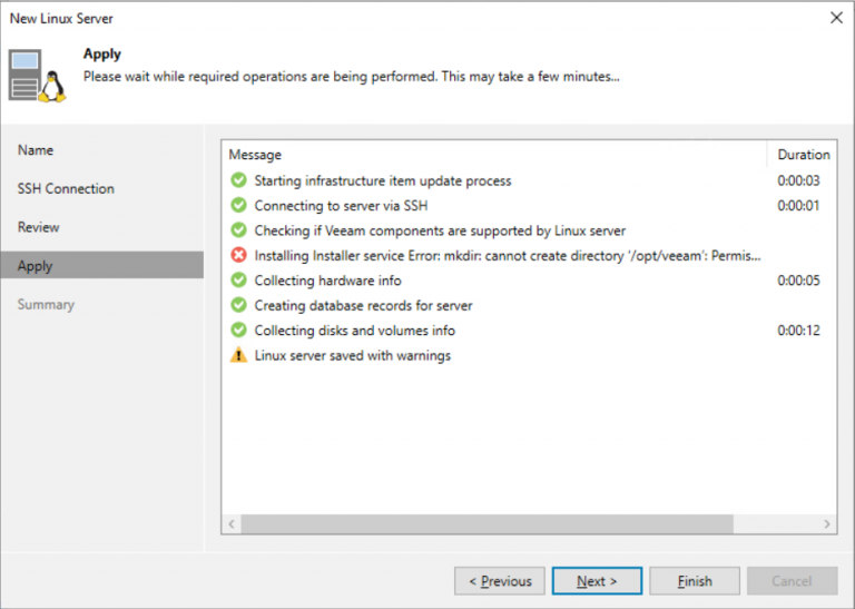 Failed to configure Linux Server – Veeam Backup and Recovery – Ready, Set, Virtual!
